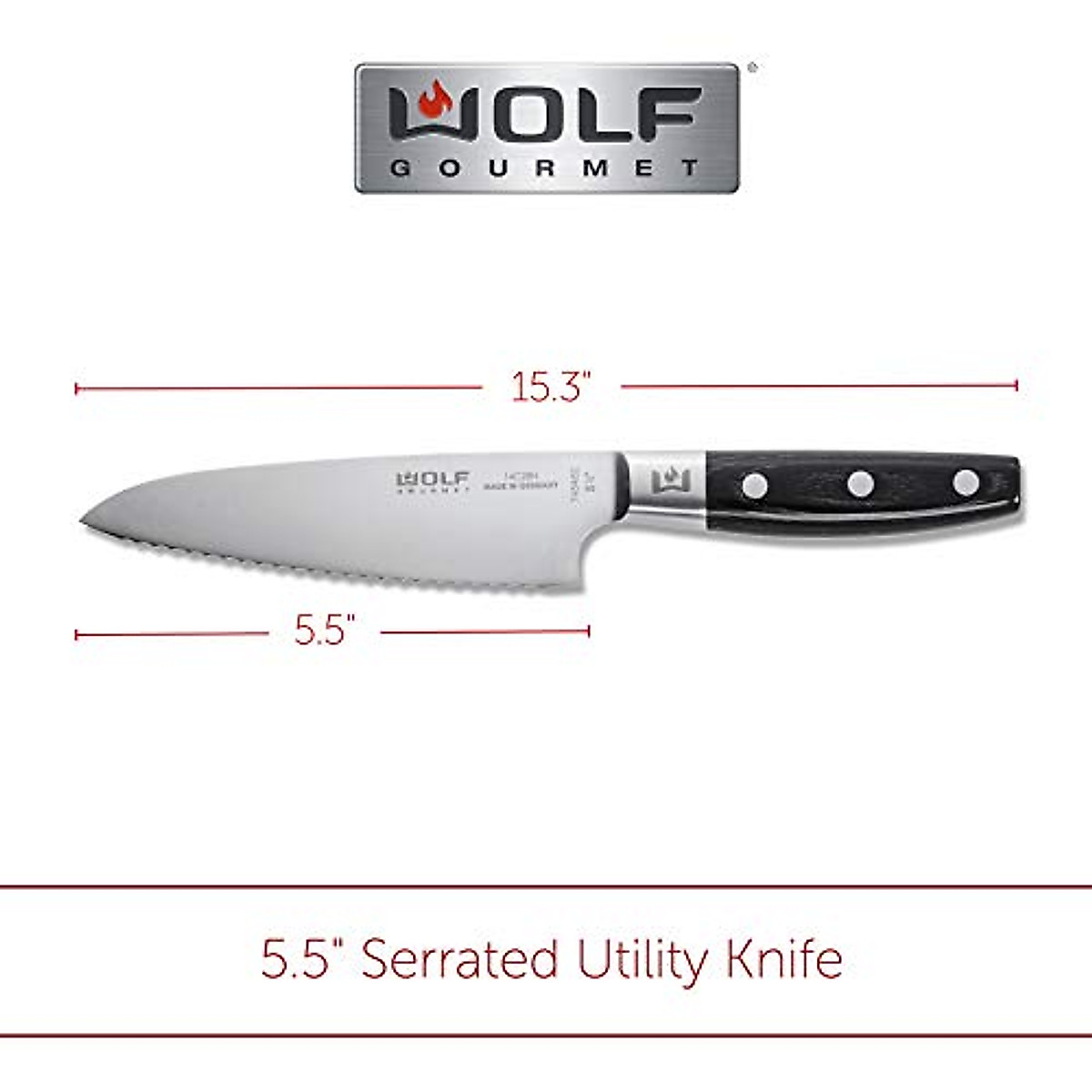 WOLF GOURMET 5.5" Serrated Knife, Ergonomic for Comfort and Control, Forged High-Carbon Stainless Steel, 12.5 Degree Angle, Durable (WGCU156S)