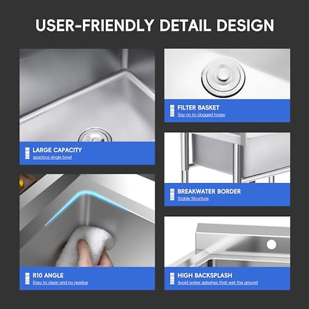 Gaomon Stainless Steel Sink, Commercial Kitchen Prep & Utility Sink Free Standing Single Bowl with Drainboard for Restaurant Laundry Garage Bar Workshop (1 Sink/W Drainboard, 39"L x 23.6"W x 37"H)