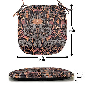 Lunarable Art Nouveau Chair Seating Cushion Set of 6, Vintage Traditional Bohemian Detailed Damask Like Flower Leaf Motifs, Anti-Slip Seat Padding for Kitchen & Patio, 16"x16", Brown Grey Dark Peach