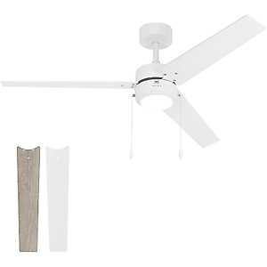 hykolity 52 inch Ceiling Fan with LED Lights(3000K/4000K/5000K), Pull Chain, Noiseless Reversible Motor and Blades, 3 Speed, ETL Listed, for Patio Living Room, Bedroom, Office - White