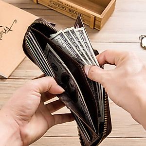 LUKZIJAES Genuine Leather Wallet for Men RFID Blocking Large Capacity Card Case with Zipper ID Window Coin Pocket (#2-Coffee)