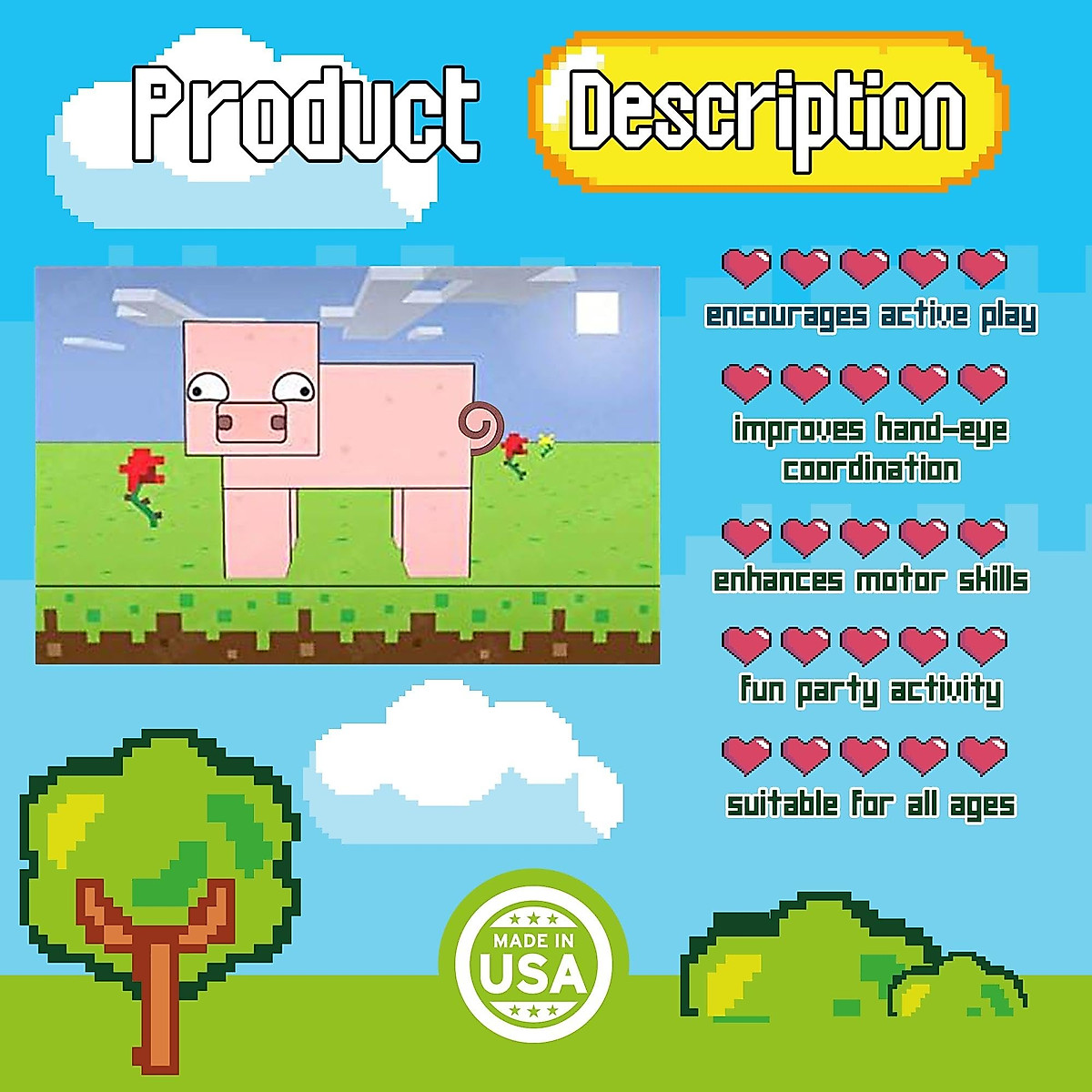 Silly Goose Gifts - Pin The Tail On The Pig - Fun Kids Birthday Party Supply Celebration Activity - Pixel Block Video Game Themed Mining Craft Adventure Attach - Sticking Animal Tail - Pin The Tail