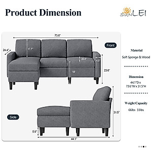 SUNLEI L-Shaped Couch Sofa for Living Room Convertible Sectional Sofa with Reversible Chaise Modern Linen Fabric,Sectional Sofa Couch for Small Space(Dark Grey)