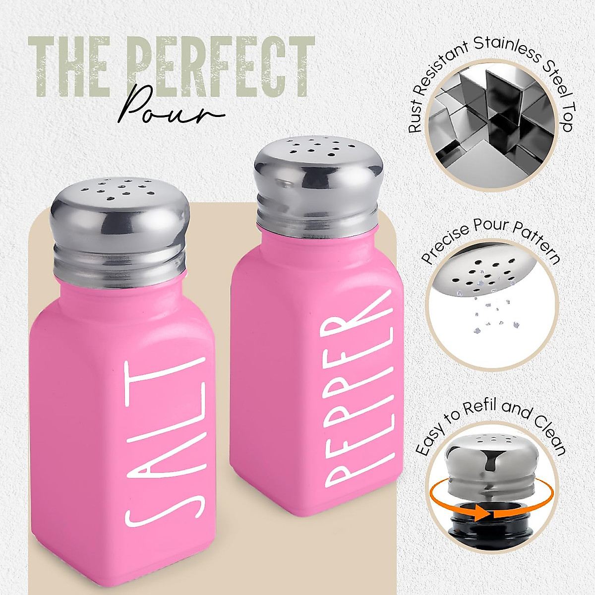 Pink Salt and Pepper Shakers Set by Brighter Barns - Pink Kitchen Accessories - Cute Glass Shakers - Pink Kitchen Decor - Pink Decor for Home Restaurants Wedding & Stainless Steel Lid (Pink)