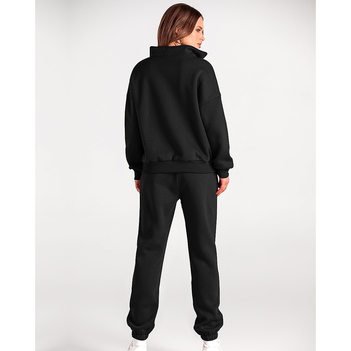 BTFBM Women 2 Piece Tracksuits Fall Winter 1/4 Zip Sweatshirt Jogger Pants Matching Lounge Sets Thick Sweatsuits Pockets(Solid Black, Large)