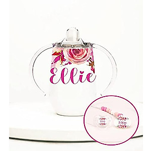 Personalized Insulated Stainless Steel Sippy Cup | Any Name or Text | Pink Floral and Name | Sippy cup for toddlers | Sippy cup for baby