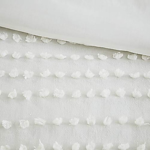 Comfort Spaces Cotton Comforter Set Jacquard Pom-Pom Tufts Design, Down Alternative, All Season Modern Bedding, Matching Shams, Full/Queen, Phillips, Ivory