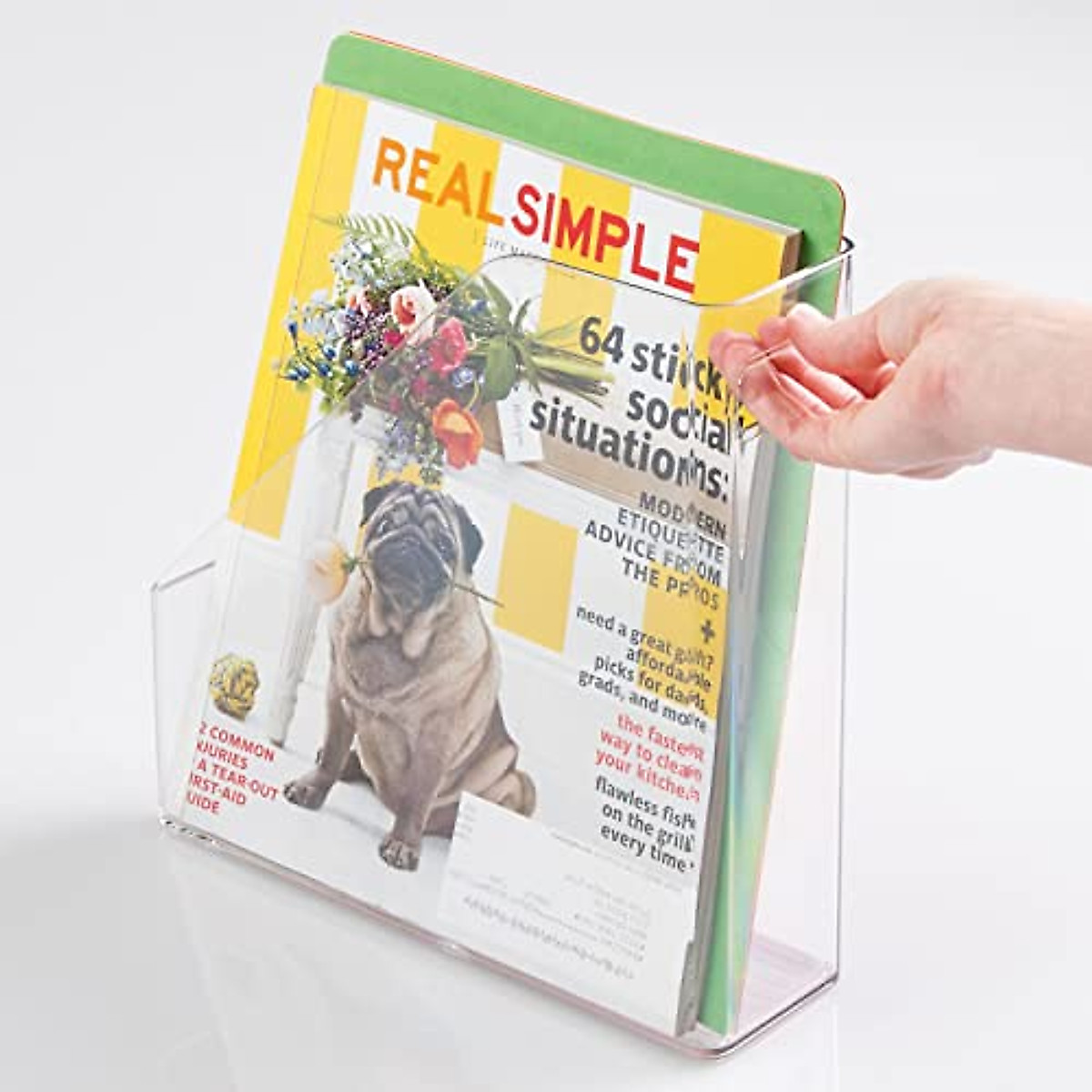 mDesign Plastic Slim Vertical File Folder Bin Storage Organizer with Handle - Hold Notebooks, Binders, Envelopes, Magazines for Home Office, Work Desktops, Ligne Collection, 2 Pack - Clear