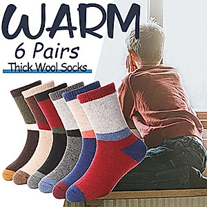EBMORE Kids Wool Socks for Toddlers Boys Girls Warm Winter Thick Hiking Thermal Heavy Cozy Crew Boot Socks Gift Stocking Stuffer 6 Pairs (Color Block,4-7 Y)