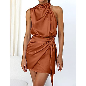 ZESICA Women's 2023 Fashion Satin Sleeveless Halter Neck Tie Waist Wrap Bodycon Cocktail Party Mini Dress,Rust,Medium