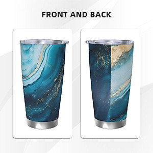 EKPRAVDKTF Stone Blue Gold Marble 20oz Insulated Stainless Steel Tumbler With Lids And Straws, Double Wall Vacuum Travel Coffee Mug, Thermal Cup For Cold & Hot Drinks, Reusable Metal Straw & Brush