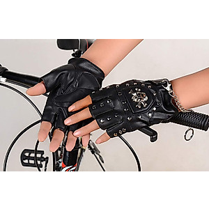 Coolwife Steampunk Gothic Gloves Mens Vintage Geuuine Leather Captain Fingerless Mittens (Ring Black (A Pair)) One Size