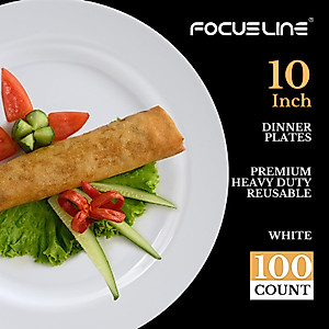 FOCUSLINE 100 Count White Plastic Plates 10 Inch, Disposable Heavy Duty Plastic Dinner Plates- Premium Hard Plastic Plates Fancy Disposable White Plates for Weddings, Parties and Events