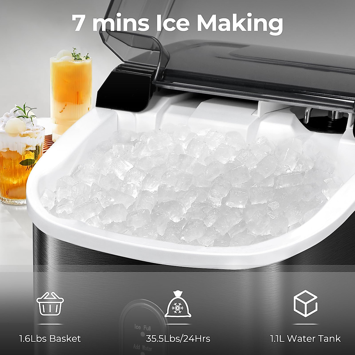 Nugget Ice Makers Countertop with Soft Chewable Pellet Ice, Stainless Steel Black, 7Mins Ice Making, 35.5Lbs/24Hrs, Pebble Ice Maker with Self-Cleaning/Basket/Scoop for Home/Office/Bar