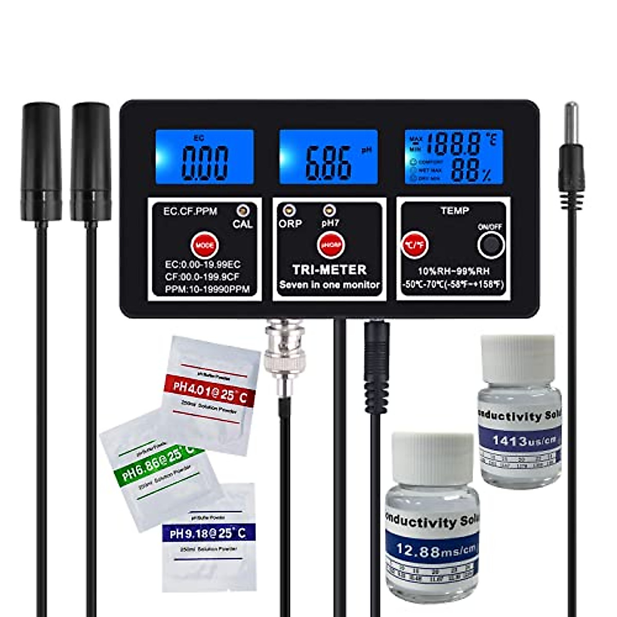 RCYAGO 7 in 1 pH/RH/EC/CF/TDS(PPM)/ORP/Temperature Rechargeable Multi-Parameter Wall-Mount Water Quality Tester