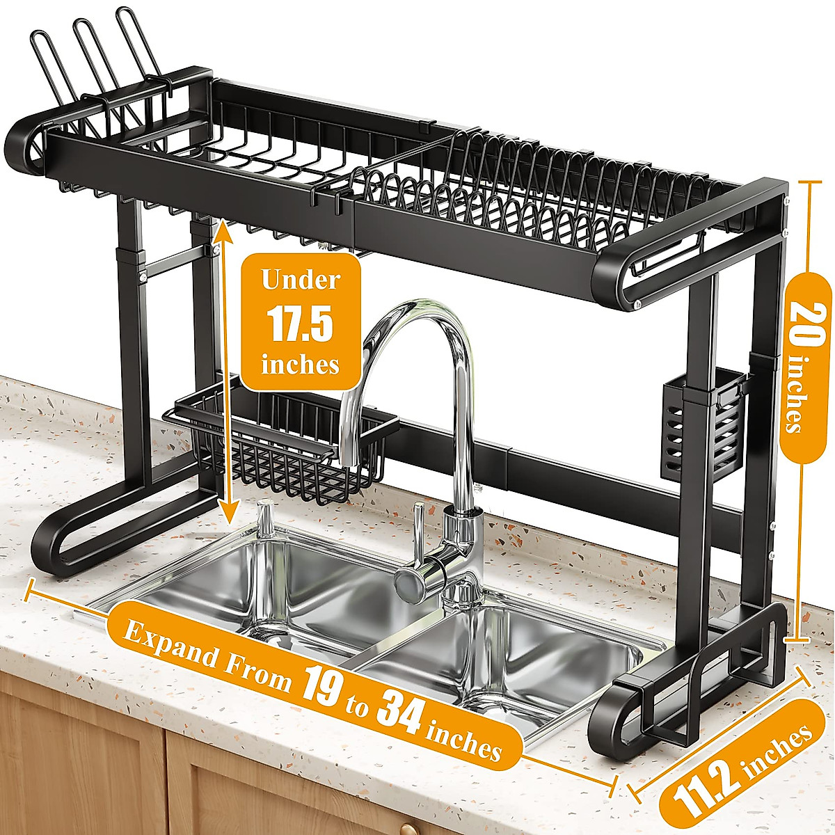 Over The Sink Dish Drying Rack, 2 Tier Adjustable Length (18.9" to 33.5") Sturdy Kitchen Counter Dish Rack Organizer, Black