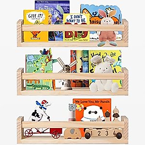 Set of 3 Nursery Room Shelves, Floating Bookshelf for Toddler Baby Room Bedroom Kitchen Bathroom, Small Book Shelf Organizer for Kids, Solid Wood Hanging Book Shelf for Wall Mounted Decor