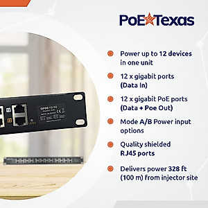 PoE Texas - PoE Injector - 12 Port Gigabit Passive Midspan Injector with 48V 120 Watt UL Power Supply - Power Over Ethernet for 802.3af or at (PoE+) Devices VoIP Phone, WiFi Access Point, IP Camera