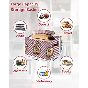 Happy Easter Storage Bins 2 Pack, Large Waterproof Storage Baskets for Shelves Closet, Purple Plaid Bunny Spring Floral Wreath Storage Basket Foldable Storage Box Cube Storage Organizer with Handles