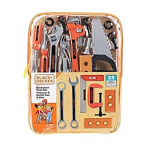 Black + Decker 23-Piece Kids Junior Tool Set Kids Pretend Play Tools Backpack, 23 Tools & Accessories, Hammer, Phillips Screwdriver, Saw, Pliers Adjustable Wrench & More! For Boys & Girls Ages 3+