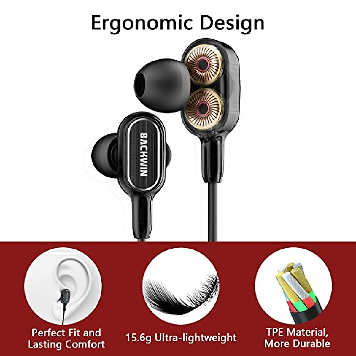 BACKWIN Wired Earbuds, Noise Cancelling Headphones Earbuds Compatible with Mobile/Laptop/Computer/iPad Fits All 3.5mm Jack,in-Ear (Black),Earpads S/M/L