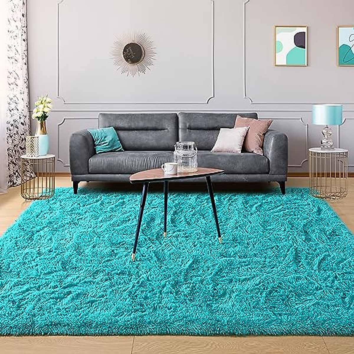 Quenlife Soft Bedroom Rug, Plush Shaggy Carpet Rug for Living Room, Fluffy Area Rug for Kids Grils Room Nursery Home Decor Fuzzy Rugs with Anti-Slip Bottom, 3 x 5ft, Teal Blue