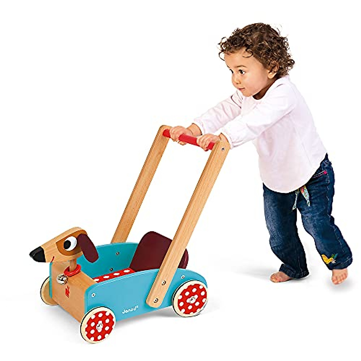Janod Crazy Doggy Cart – Adorable Wooden Push Toy Walker with Storage – Dog Bell Rings When the Cart is Pushed - Encourages Walking and Discovery – Ages 1+ years.
