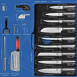XYJ Authentic Since 1986,9-pieces Professional Japanese Chef Knife Set With Roll Bag,Vegetable Slicer Peeler Stainless Steel Slicing Bread Santoku Knife Kitchen Cutting Cooking Tools Set
