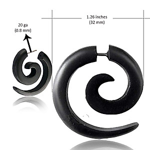 Earth Accessories Spiral Fake Gauges for Women or Men - Faux Gauge Earrings with Organic Wood and Surgical Steel - Fake Plugs Sold as a Pair in Black