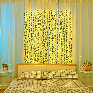 Naidiler 12 Pcs Artificial Ivy Garland Fake Vines with 65 Ft Lights String (200 LED) Decor Faux Green Hanging Plant Greenery for Wall Party Wedding Room Home Kitchen Indoor & Outdoor Decoration