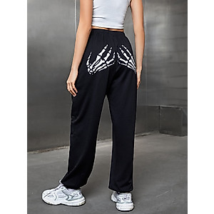 WDIRARA Women's Skeleton Hand Print Elastic Waist Long Jogger Pants Sweatpants Multicolor XL