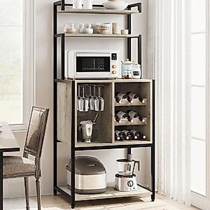 IDEALHOUSE Wine Bar Rack Cabinet, Freestanding Wine Cabinet with Glass Rack Wine Bottle Holders, Industrial Bakers Rack, Tall Liquor Cabinet with Storage for Kitchen Living Dining Room, Rustic Gray