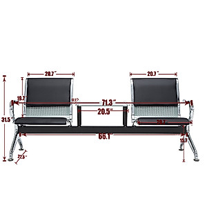 walsport Leather Waiting Room Furniture Black Chairs Reception 2 Seat with Table for Airport Seating, Office, Bank, Hospital Bench