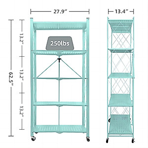 Track Seven 5-Tier Storage Shelving Unit w/Hooks and Wheels, 27.9"x13.4"x62.5", Standing Foldable Storage Rack, Metal, Kitchen, Garage, No Assemble Require (Blue)
