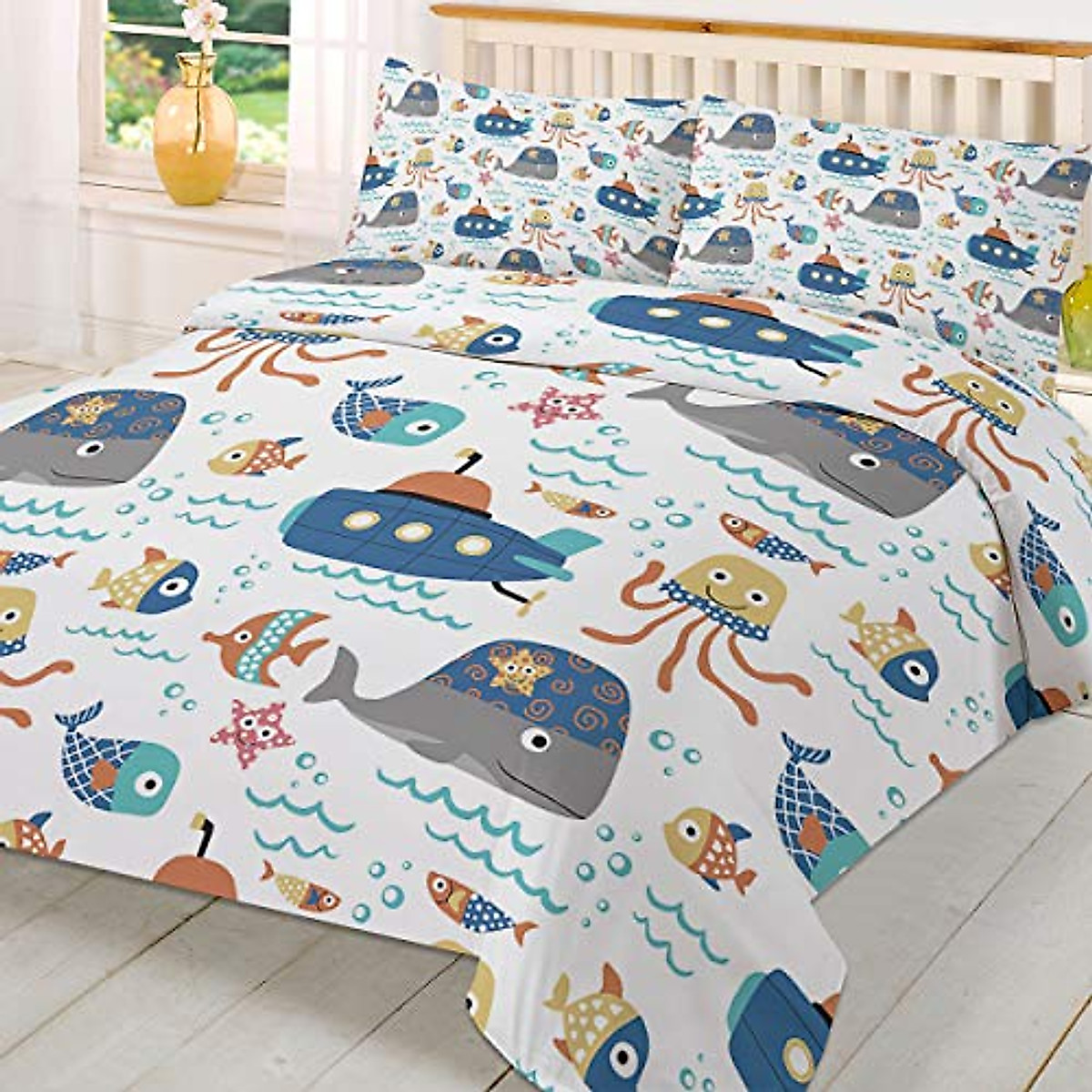 Duvet Cover, Washed Microfiber Comforters Twin Size, Ocean Adventure Submarine Cute Animals Duvet Cover and 2 Pillow Shams, Room Decor Aesthetic 3 Piece Bedding Sets Twin for Kids Teens Adults