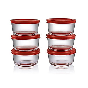 BOVADO USA 2 Cup Glass Food Storage Containers (6 Pack) | Nonpourous Dishwasher, Freezer & Oven Safe Glass, Easy-Clean | Red Lids