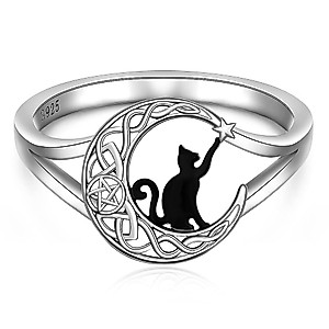 Celtic Knot Cat Ring Thumb Black Matching Cat Sterling Silver Rings for Women Animal Pentagram Pentacle Halloween Cats Lover Gifts Size 10