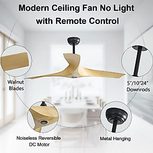 Sofucor 52" Ceiling Fan No Light, Modern Ceiling Fan with Remote Control, 3 Blades ABS Ceiling Fan with Noiseless Reversible DC Motor for Living room, Bedroom