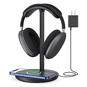 Headphone Stand with Wireless Charger, Gaming Headset Holder Hanger Rack 2 in 1 Wireless Charging Station Dock for iPhone 14/13/12/11 Series, Samsung, AirPods Pro/3/2 and Desk All Headphones, Black