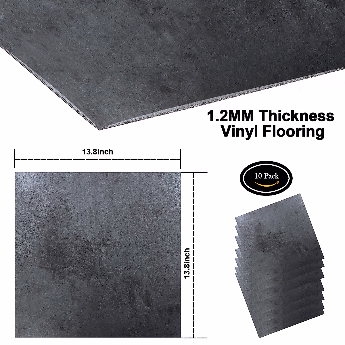 SURNUO 10PC 12 * 12 inch 1.5mm Thick Peel and Stick Vinyl Floor Tile, Self-Adhesive Tile Flooring for Bathroom, Livingroom, Kitchen and Renter's House Black Color