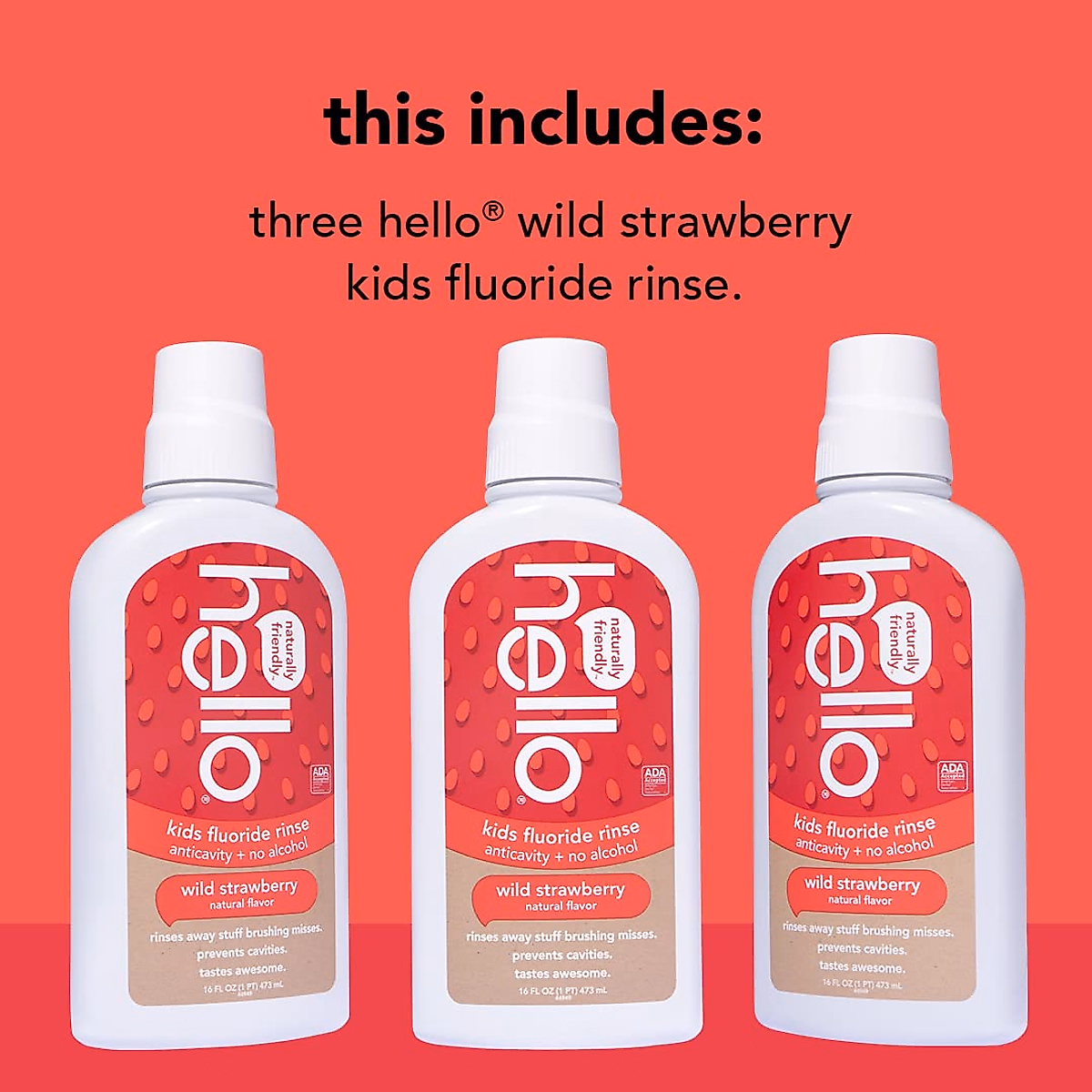 Hello Kids Wild Strawberry Natural Flavor Anticavity Fluoride Rinse - Vegan, Alcohol Free, and SLS Free Mouthwash for Children Age 2 and Up - 16 Ounce (Pack of 3)