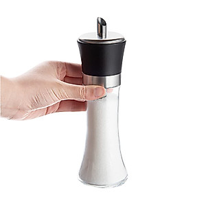 Restaurantware Vetri 6.3 Ounce Sugar Dispenser 1 Pouring Spout Sugar Shaker Dispenser - Black Lid Clear Finish Glass Sugar Pourer Refillable Dishwashable