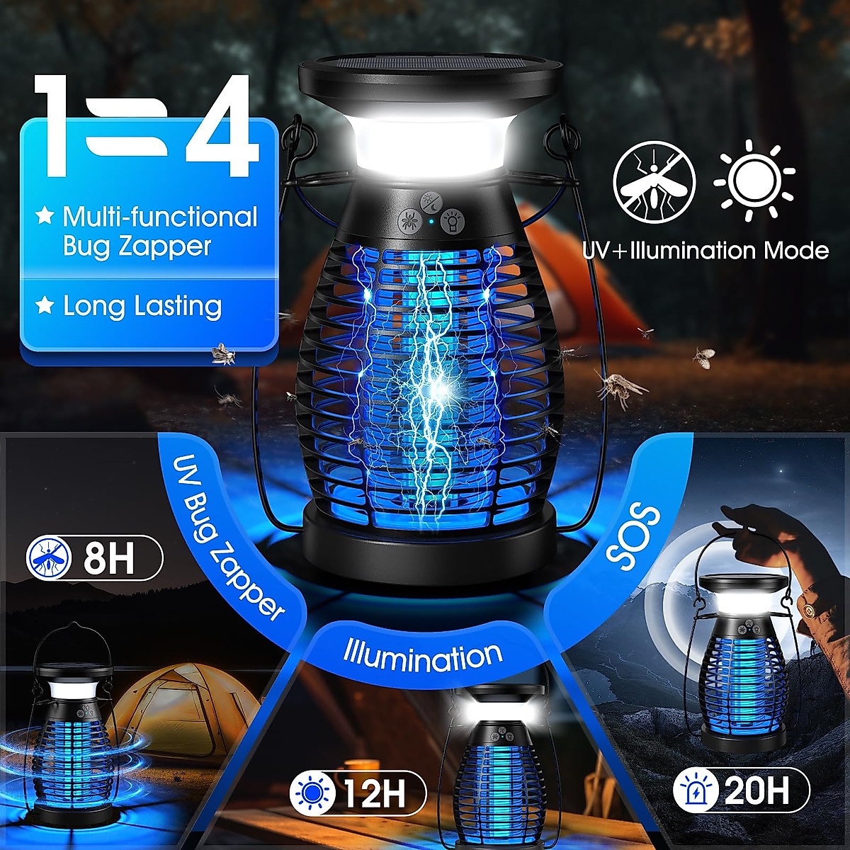 Sayneep Solar Bug Zapper Outdoor, 4200V Effective Mosquito Zapper, Rechargeable Cordless Bug Zapper Outdoor with 4000mAh Battery, Portable Electric Fly Zapper for Patio, Porch, Garden, Kitchen, Black