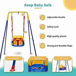 3-in-1 Toddler Swing, Swing Set with Foldable Metal Stand and Safety Belt, Baby Swings Outdoor & Indoor for Infants to Toddler, Baby Infant Swing for Swingset, Indoor Swing for Kids 6 Month+