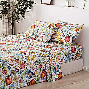 MEISHANG Queen Sheet Set Floral Printed Sheets Ultra Soft 100% Microfiber - 16 Inch Deep Pocket Breathable Comfortable Bed Sheet Set - 4 Pieces Spring Flower Queen