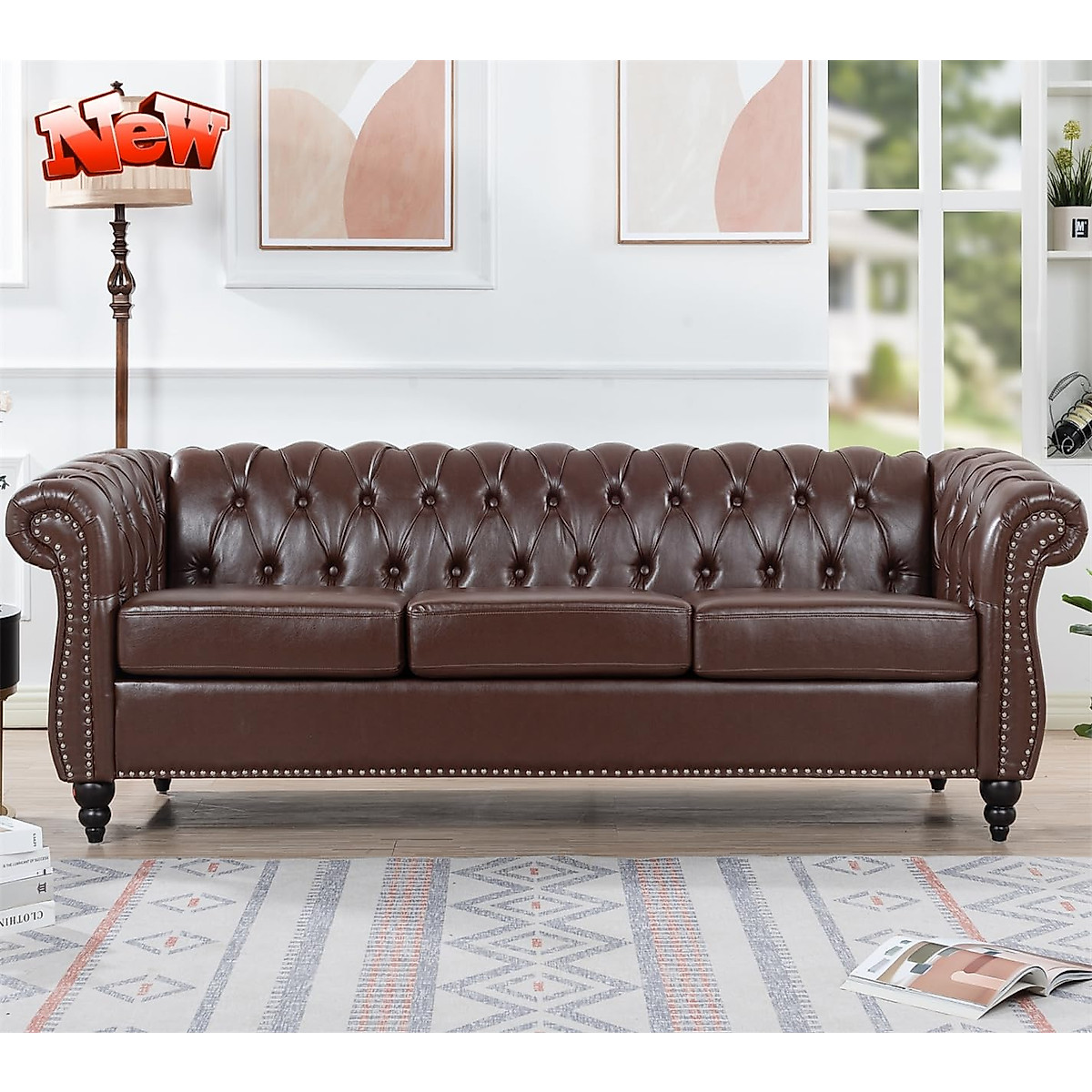 VENYAA Higher Quality and Stronger 84.65" PU 3 Seater Sofa Couch with Enhanced Legs and Rolled Arm for Living Room Office, Thickened Reinforced 3 Seater Leather Couch (Easier To Assemble) (Dark Brown)