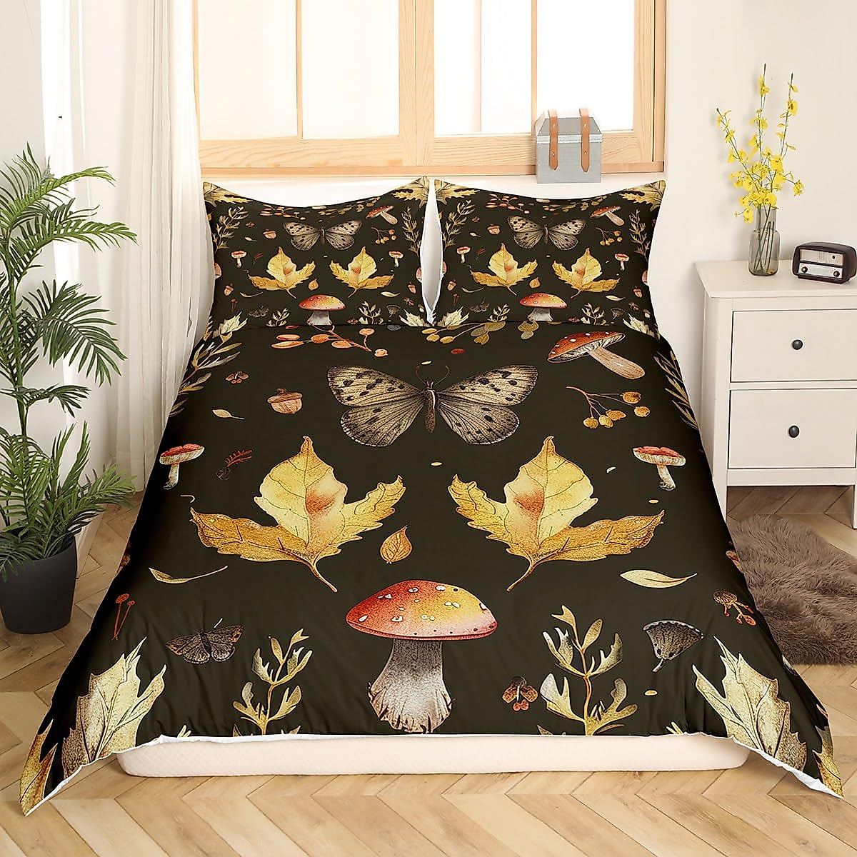 Castle Fairy Fall Theme Duvet Cover Queen Size Mushroom Butterfly Maple Leaves Bedding Comforter Cover 3 Pieces with 2 Pillowcases Botanical Garden Plants Herbs Bedding Set for Men Women Room,Black