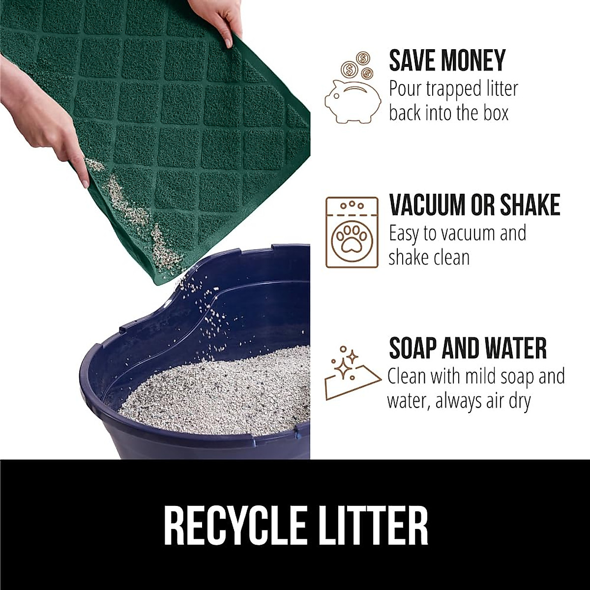 GORILLA GRIP Cat Litter Box Mat, 35x23, Water Resistant Kitty Litter Trapping Mat, Textured Backing, Easy to Clean, Less Waste and Clean Floors, Kitten Supplies for Indoor Cats, Soft on Paws, Green