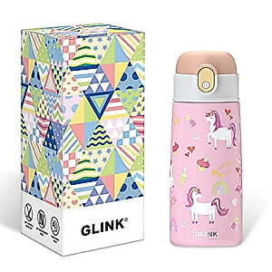 GLINK Kids Insulated Water Bottle with Straw for School, Cute Stainless Steel with Auto Flip Lid Water Bottle for Kids, Children, Boys, Girls (14oz, Unicorn-Pink)