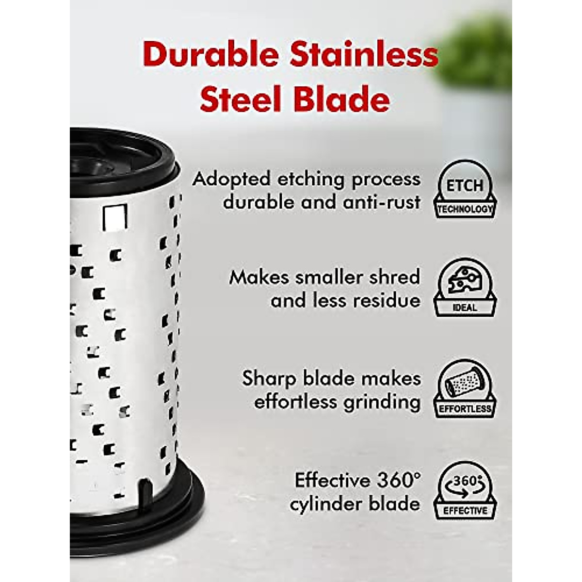 Rotary Cheese Grater, Handheld Cheese Grater for Kitchen, Dishwasher Safe Parmesan Cheese Grater with Stainless Steel Blade for Cheese, Nuts, Chocolate and More, Black